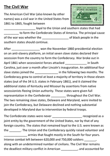 The US Civil War Cloze Activity | Teaching Resources