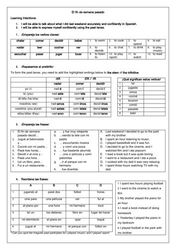 Spanish GCSE Past Tense Free Time Worksheet: ¿Qué hiciste el fin de ...