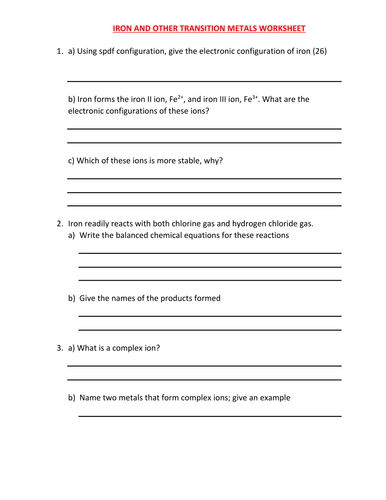 IRON AND TRANSITION METALS WORKSHEET WITH ANSWERS | Teaching Resources