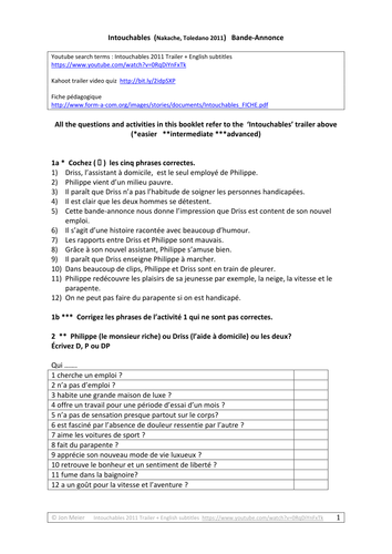 French workbook on the trailer for 'Intouchables' | Teaching Resources