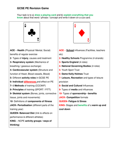 GCSE PE Interactive revision playing card game | Teaching Resources