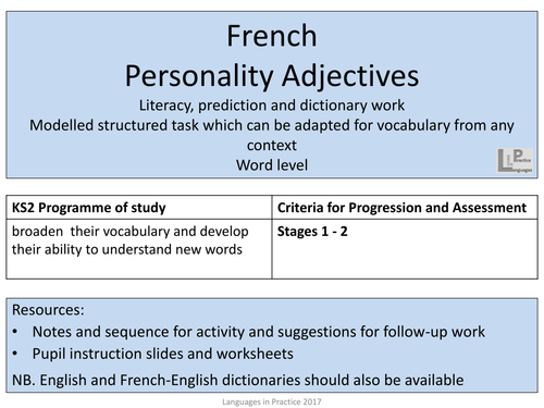 KS2 French Personality Adjectives - literacy, reading and dictionary ...