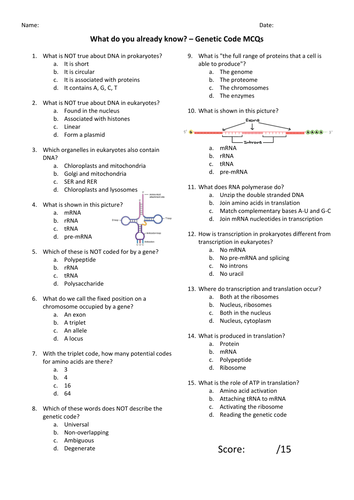 Genetic Code Previous Knowledge MCQ - 15 Questions | Teaching Resources