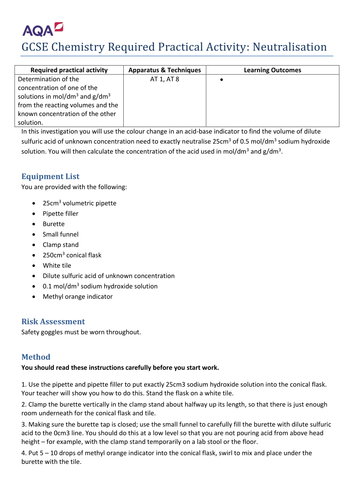 New 2016 AQA Chemistry Required Practical Sheet Neutralisation by ...