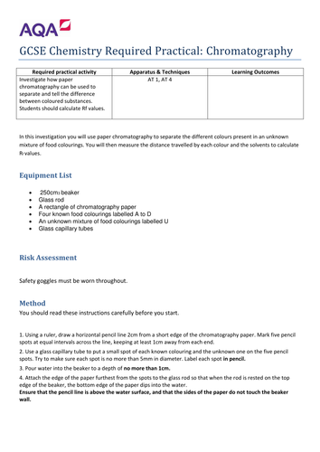 New 2016 AQA Combined Chemistry Required Prac Sheet Chromatography ...