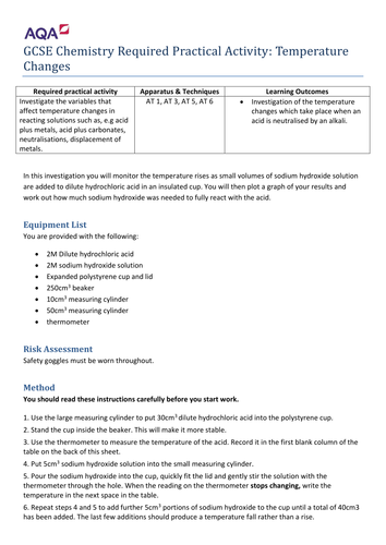 New AQA 2016 Temperature Changes Required Practical Sheet Combined ...