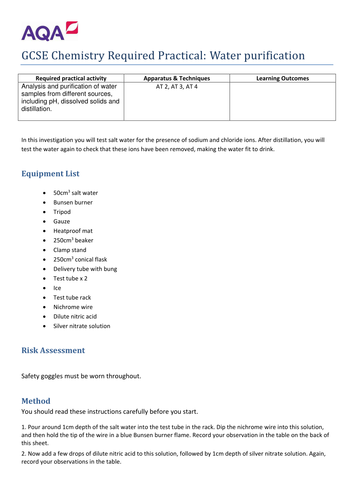 New AQA 2016 Combined Chemistry Required Practical Water Purification ... New AQA 2016 Combined Chemistry Required Practical Water Purification ...