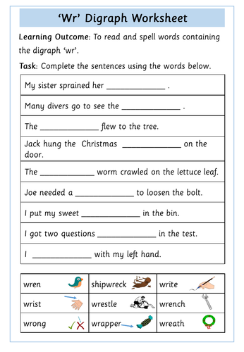 Worksheet on the Silent 'w' in Words containing the 'wr' Digraph by ...