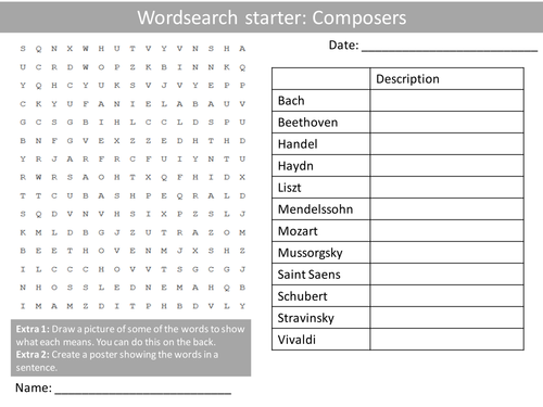 10 Wordsearches Music Education Keyword Starters Wordsearch Homework or ...