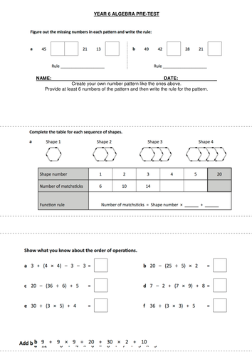 Algebra pre test and progression sheet | Teaching Resources