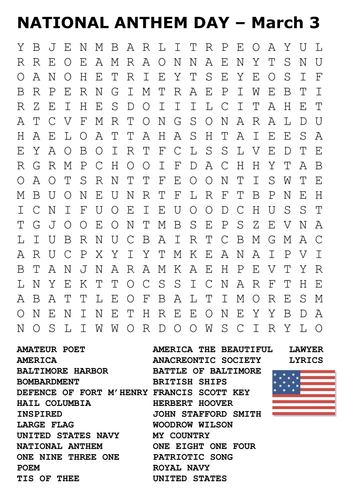 National Anthem Day – March 3 Word Search | Teaching Resources