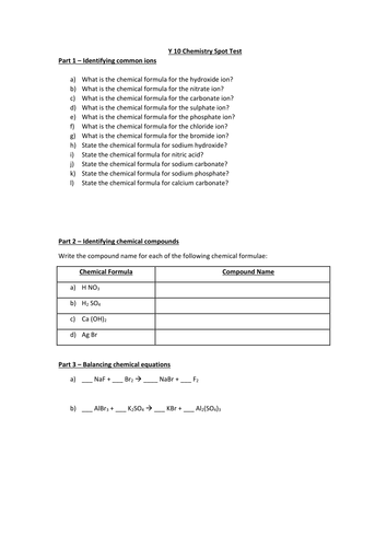 GCSE Chemistry Naming Chemical Compounds and Balancing Equations Test ...