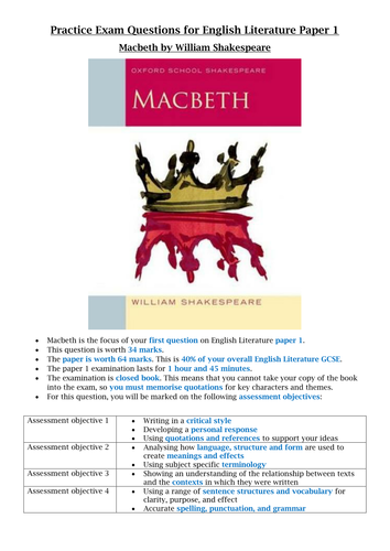 Macbeth extracts and essay questions (AQA) | Teaching Resources