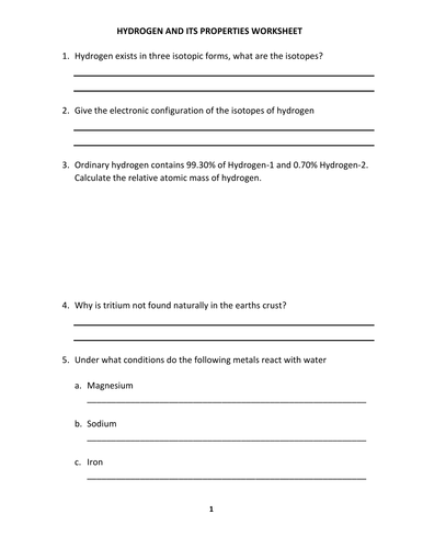 HYDROGEN AND ITS COMPOUNDS WORKSHEET WITH ANSWERS | Teaching Resources