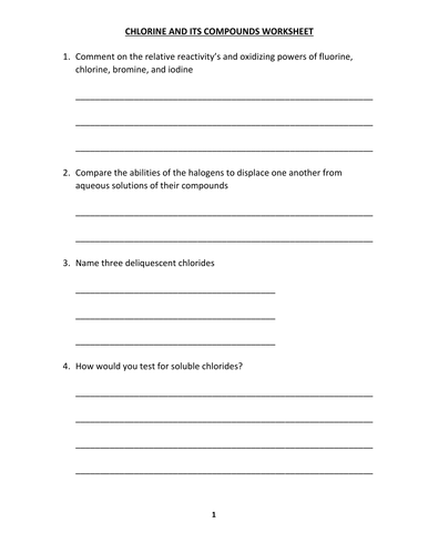 CHLORINE AND ITS COMPOUNDS WORKSHEET WITH ANSWERS | Teaching Resources
