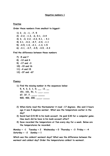 Negative Numbers Worksheet (Year 6) | Teaching Resources Negative Numbers Worksheet (Year 6) | Teaching Resources