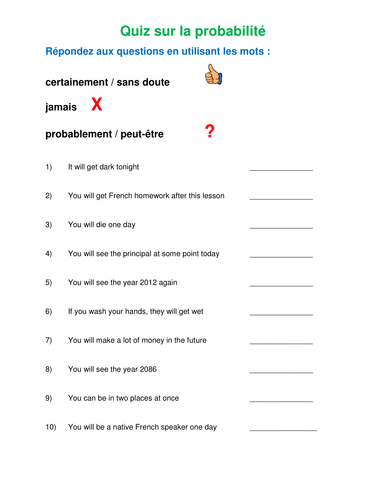 French: Quiz on probability | Teaching Resources