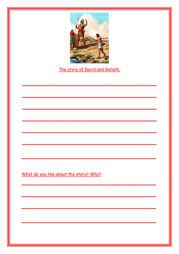 Writing the story of David and Goliath Worksheet MA / LA and a short ...