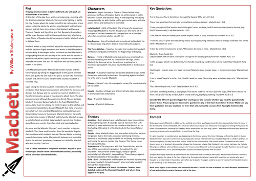 Macbeth Knowledge Organiser/Revision Mat | Teaching Resources Macbeth Knowledge Organiser/Revision Mat | Teaching Resources