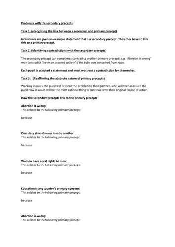 Case studies to apply to the Secondary Precepts of Natural Moral Law ...