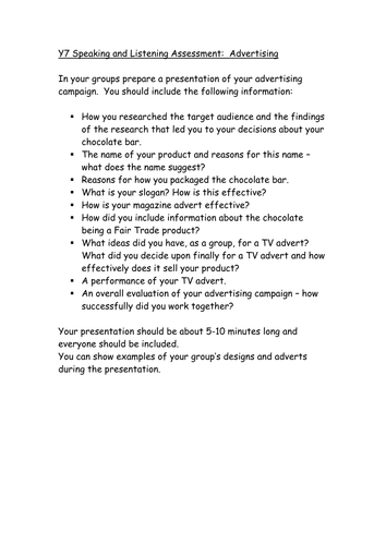 Chocolate Project Speaking and Listening Task | Teaching Resources