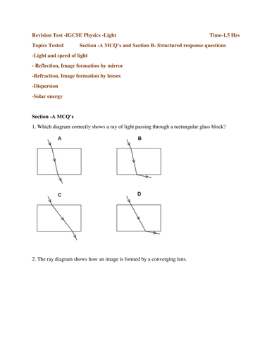 Revision Test -IGCSE Physics -Light | Teaching Resources Revision Test -IGCSE Physics -Light | Teaching Resources