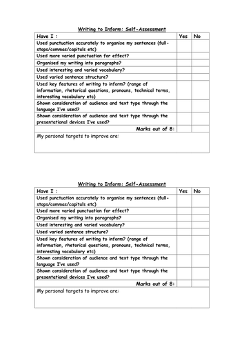 self evaluation for writing to inform | Teaching Resources