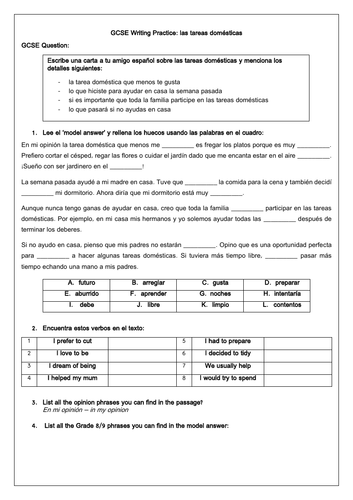 Spanish GCSE household chores writing, Grade 8/9 model answer ...