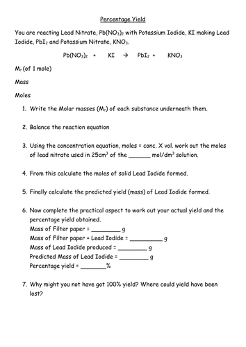 Chemistry Percent Yield Worksheet Chemistry Percent Yield