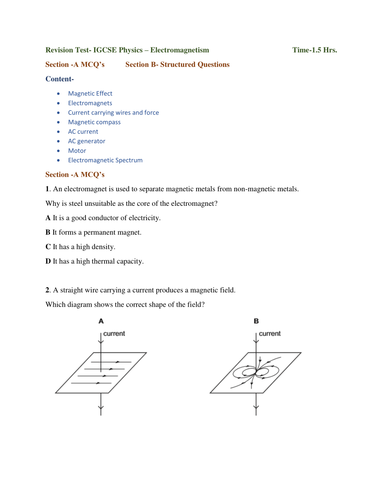 Revision Test- IGCSE Physics – Electromagnetism | Teaching Resources Revision Test- IGCSE Physics – Electromagnetism | Teaching Resources