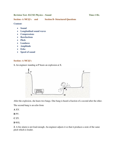 Revision Test- IGCSE Physics – Sound | Teaching Resources Revision Test- IGCSE Physics – Sound | Teaching Resources