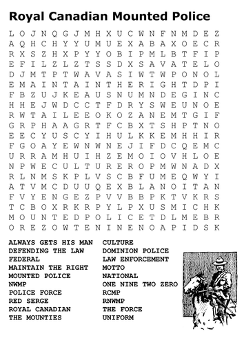 Royal Canadian Mounted Police Word Search | Teaching Resources