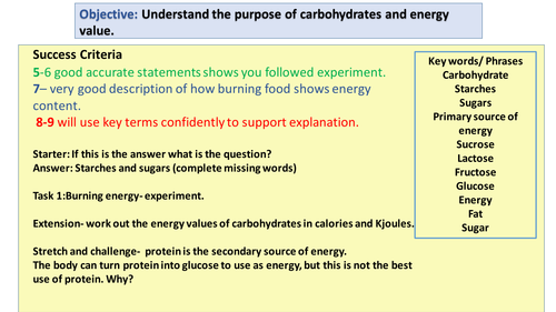 Carbohydrate and energy experiment lesson. Food Preparation and ...
