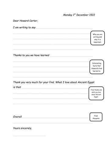 Letter to Howard Carter - writing frame | Teaching Resources