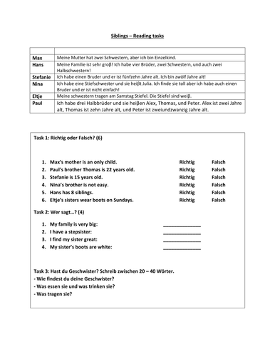 Y7 Reading task Geschwister | Teaching Resources
