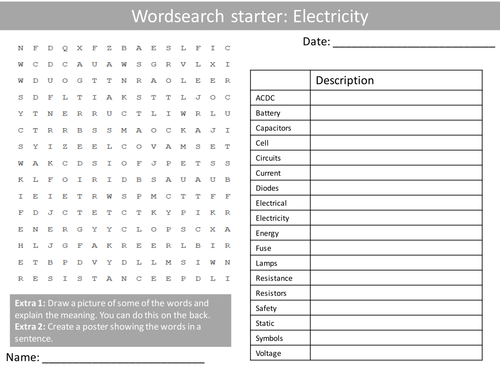 Science Physics Electricity Wordsearch Crossword Anagrams Keyword ...