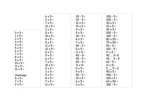 5 x table multiplication and division tests (4 differentiated tests ...