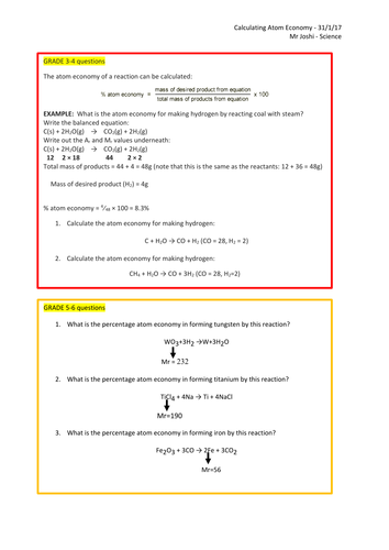 Quantitative Chemistry Worksheets (Moles, Concentration, RFM, Atom ...