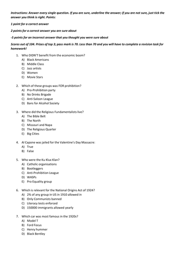 USA 1920s to 1930s Subject Knowledge Quiz | Teaching Resources