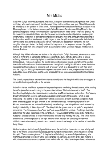 A-grade Carol Ann Duffy Mrs Midas Higher English Critical Essay by ...