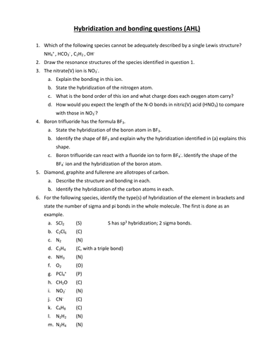 Hybridization and bonding questions | Teaching Resources
