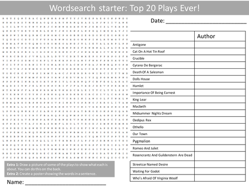 Drama Top 20 World Plays Wordsearch Crossword Anagrams Keyword Starters ...
