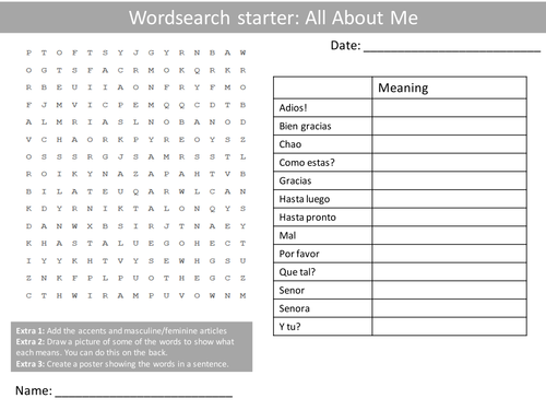 Spanish All About Me Wordsearch Crossword Anagrams Keyword Starters ...