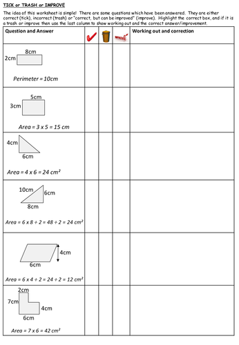 Area and perimeter - tick or trash or improve | Teaching Resources