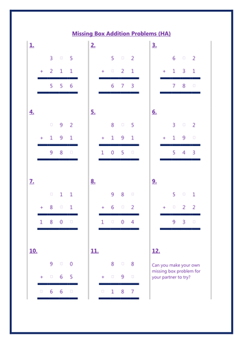 Missing box column addition problems - Year 3 /4 L KS2 Differentiated ... Missing box column addition problems - Year 3 /4 L KS2 Differentiated ...