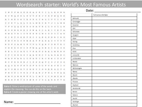 Art Famous Artists KS3 GCSE Wordsearch Crossword Anagrams Keyword ...