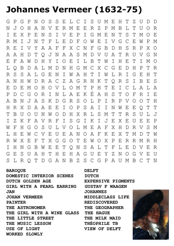 Johannes Vermeer Word Search | Teaching Resources