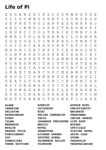 Life of Pi Word Search | Teaching Resources