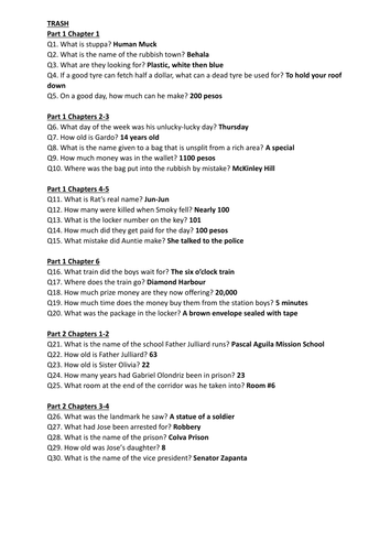 Trash chapter comprehension questions | Teaching Resources