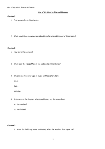 Out of my Mind Sharon M. Draper comprehension questions by chapter ...